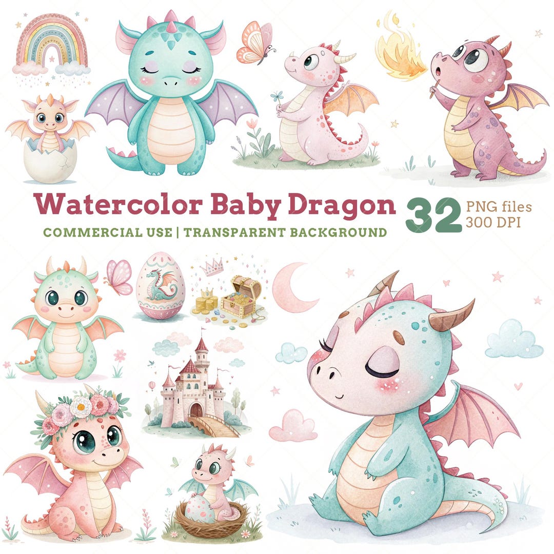 Watercolor Baby Dragon Clipart, Cute Fantasy Dragon Pngs for Kids ...