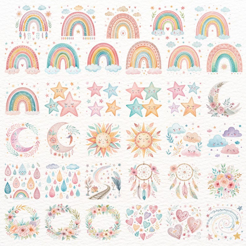Pastel Boho Rainbow Clipart Set: Nursery Art Graphics, Clouds, Moons ...