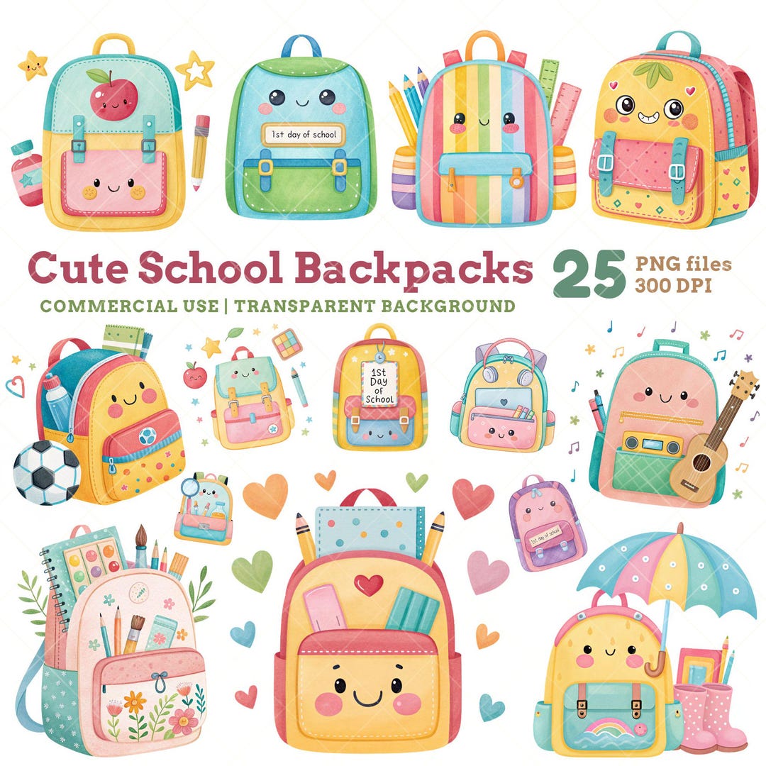 Back to School Backpack Clipart: Kawaii School Bags PNG, Classroom ...