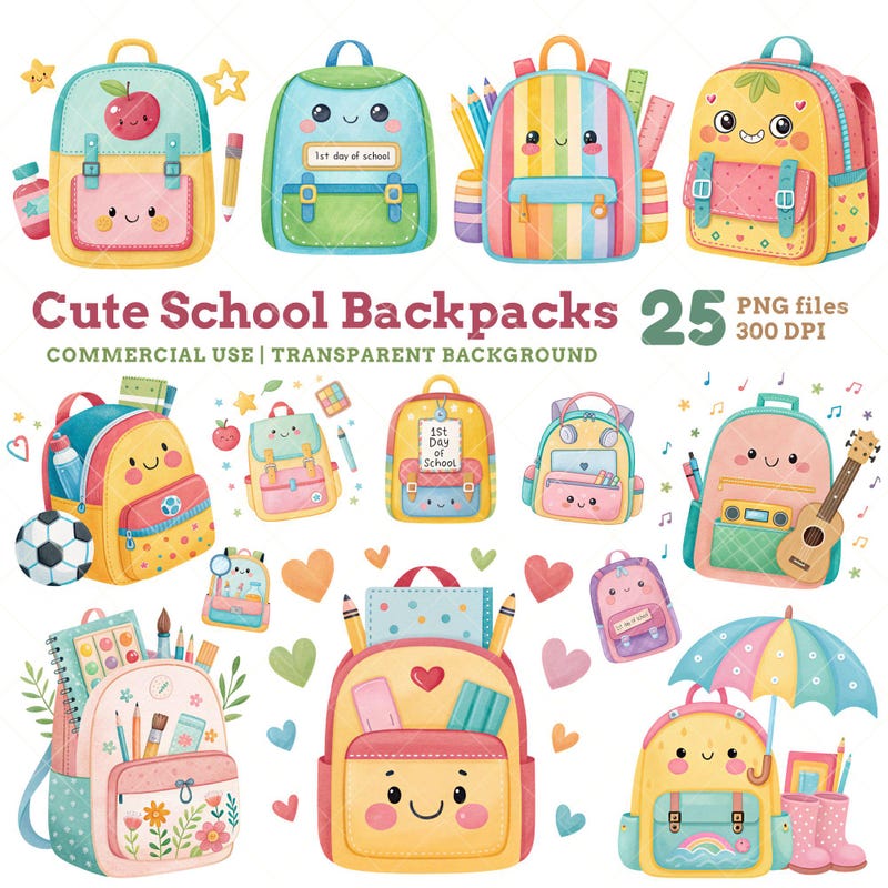 School Backpack Clipart - Etsy UK