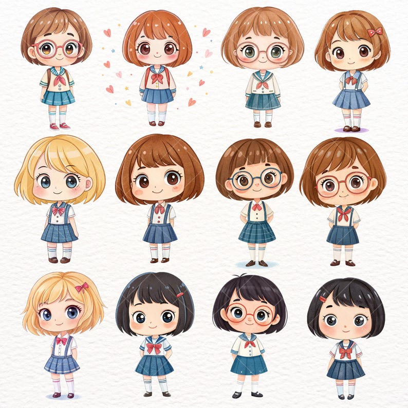Back to School Girl Clipart, Cute Chibi Girls in Uniform, Kawaii School ...