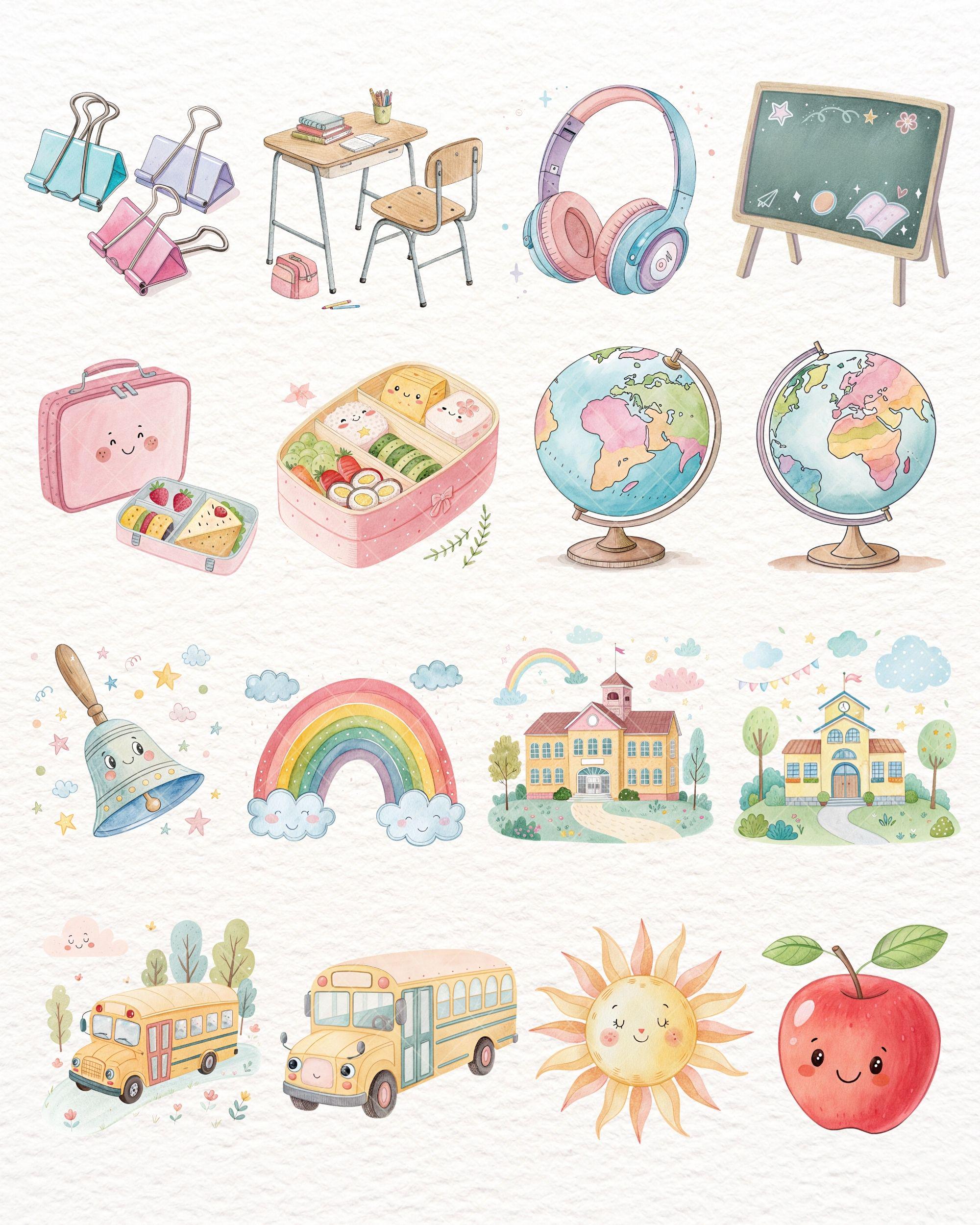Kawaii Back to School Clipart: Pastel School Supplies, Classroom Decor ...