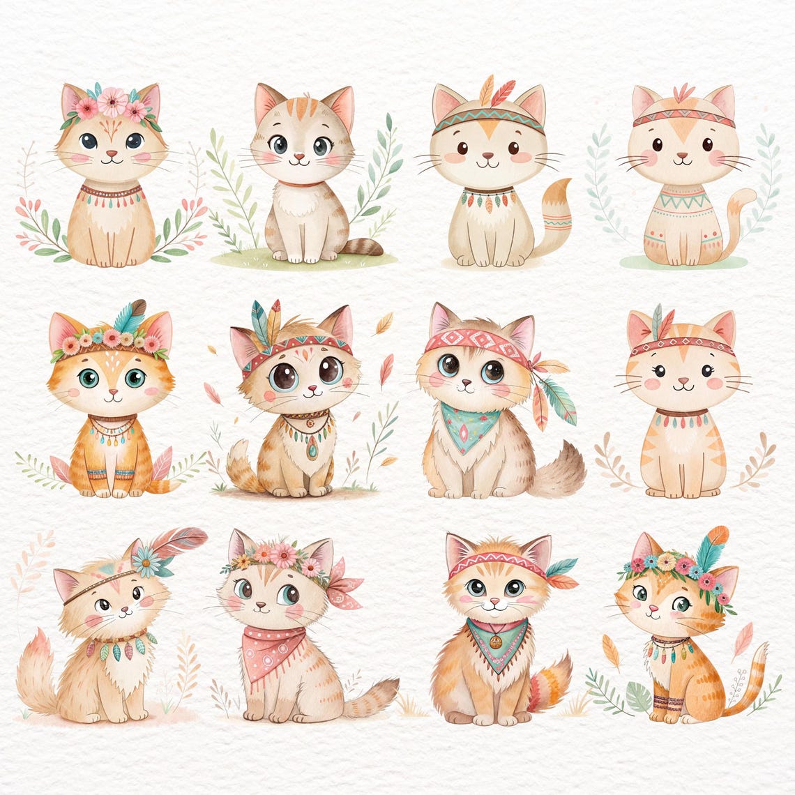 Watercolor Boho Cat Clipart: Tribal Kitten Art (digital Download, 300 ...