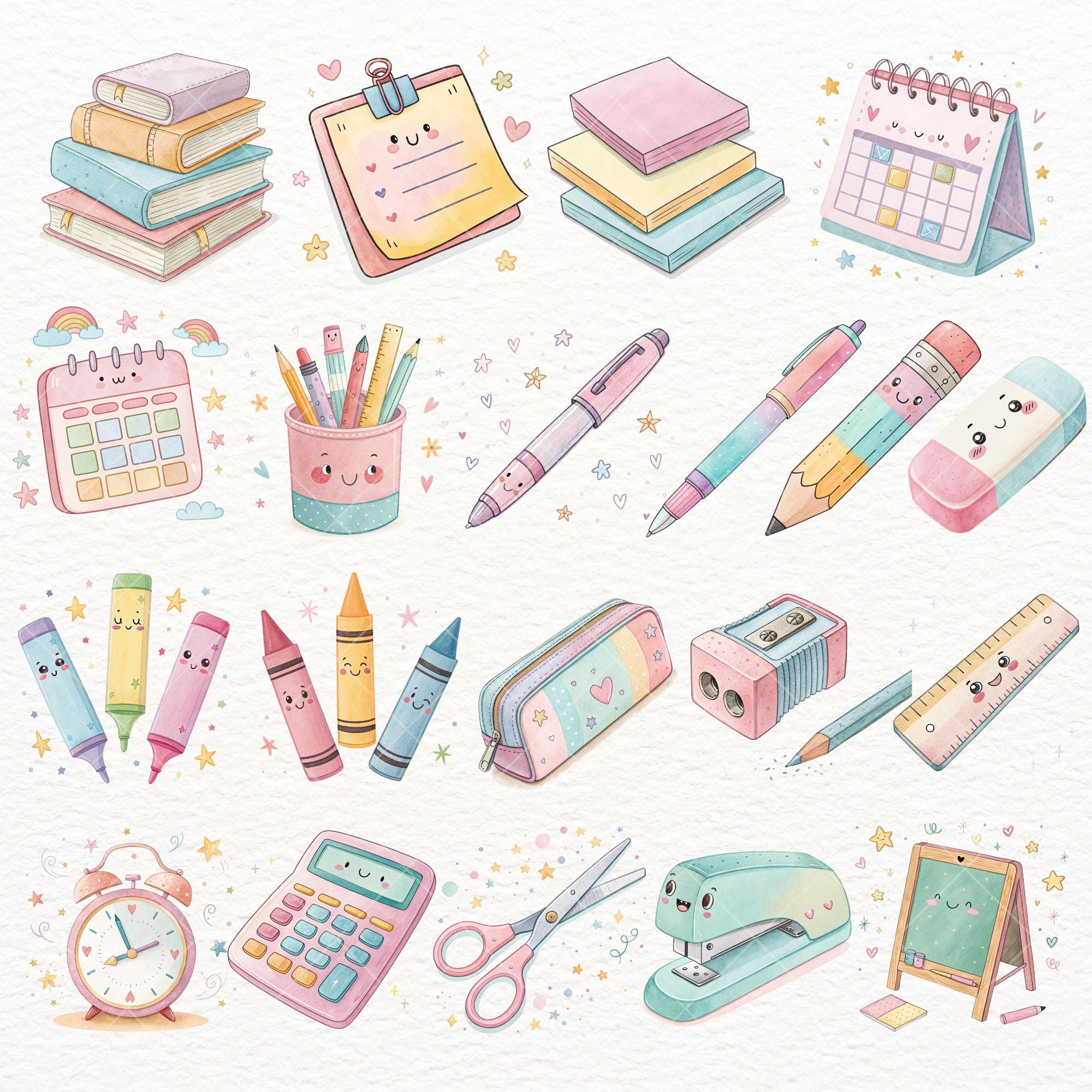 Kawaii Back to School Clipart: Pastel School Supplies, Classroom Decor ...