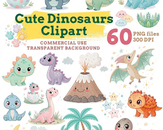 Cute Dinosaur Clipart Bundle, Digital Download Commerical Use Art, PNG ...