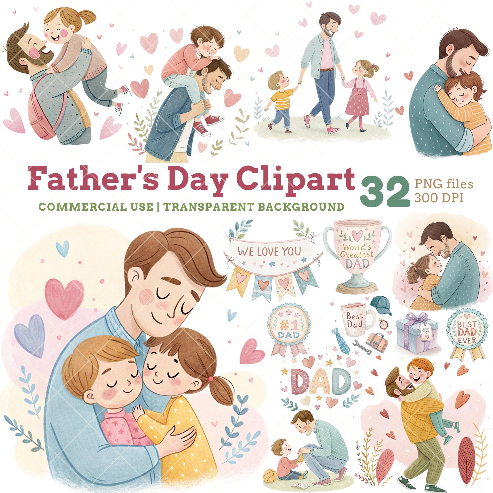Father's Day Clipart: Dad & Kids Watercolor Illustrations (commercial ...