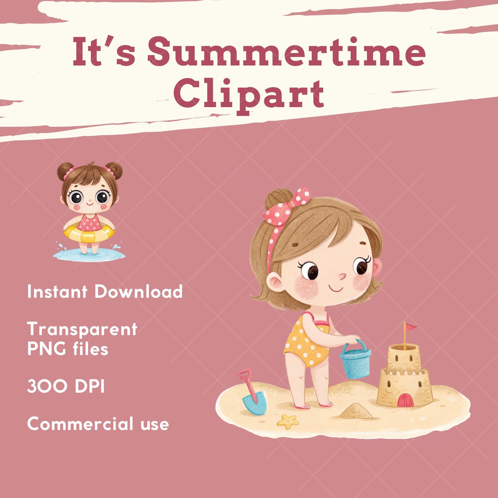 Summer Kids Clipart: Beach Girls, Ice Cream, Sandcastles, Stickers and ...