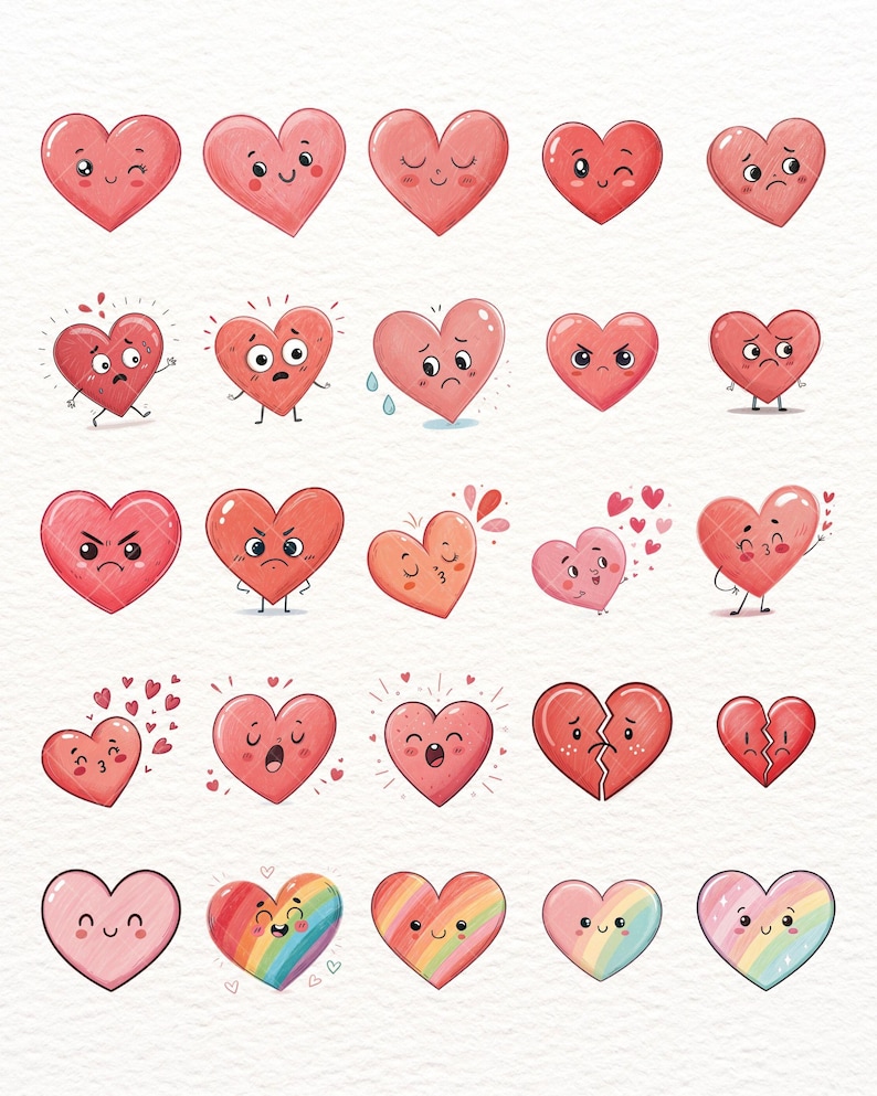 25 Heart Emoji Clipart Bundle, Kawaii Feeling Faces PNG (digital ...