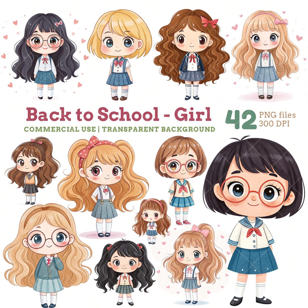 Back to School Girl Clipart, Cute Chibi Girls in Uniform, Kawaii School ...