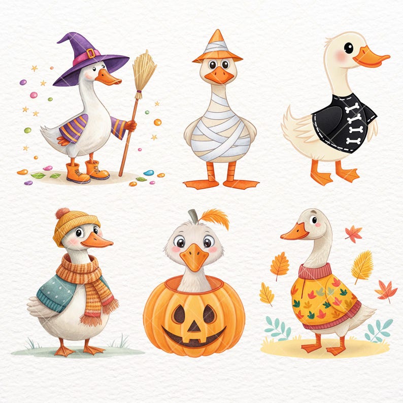 Silly Halloween Goose Clipart, Cute Fall Geese in Costumes PNG, Witch ...