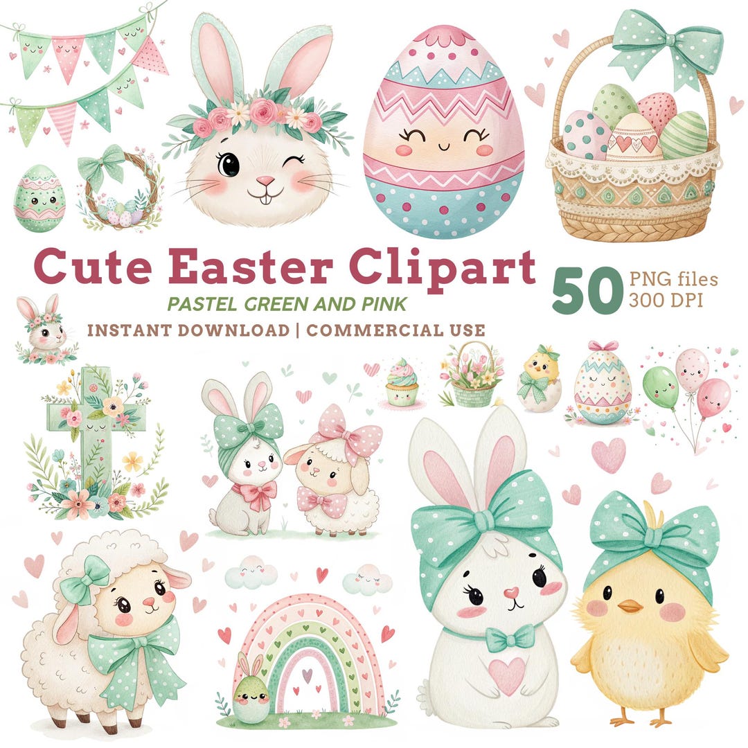 50 Cute Easter Clipart, Watercolor Clipart, Transparent Background ...