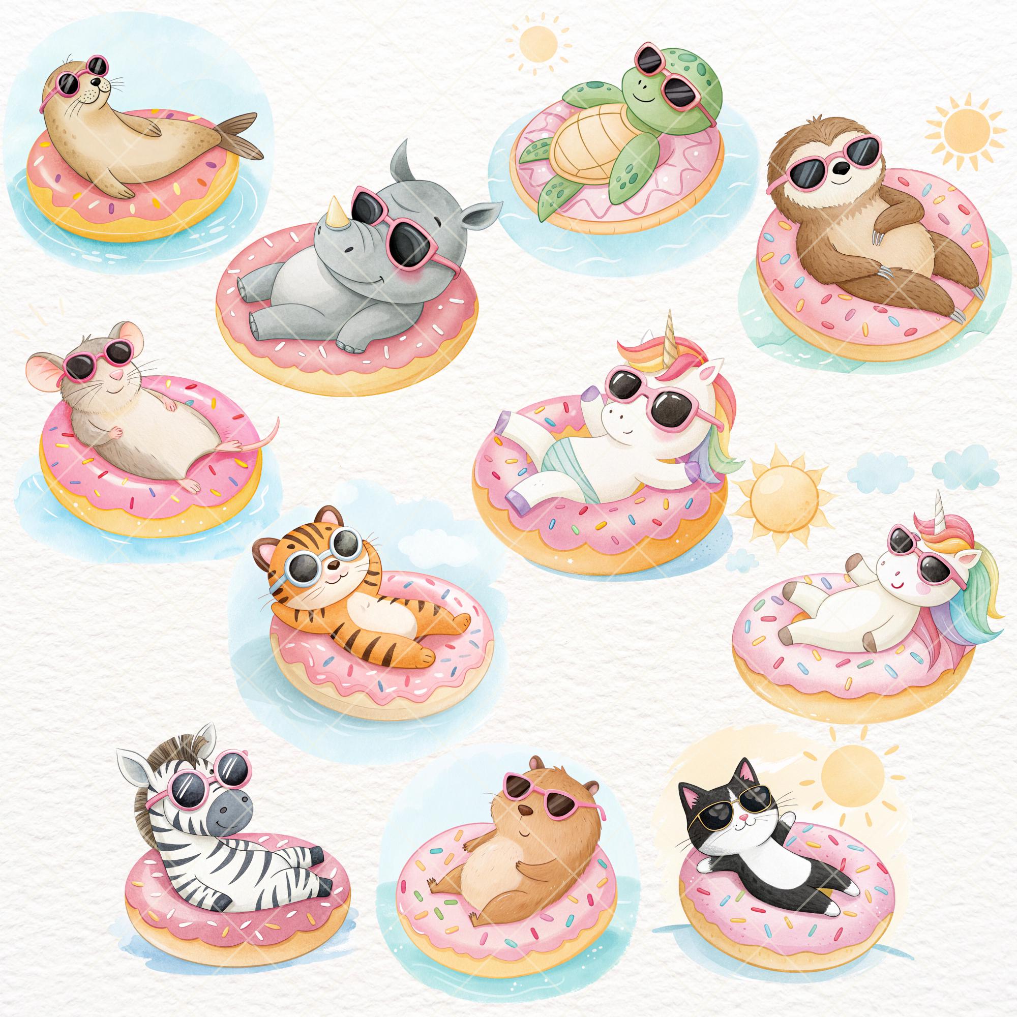 Summer Animals Clipart: Pool Floaties, Beach Vacation Illustrations ...