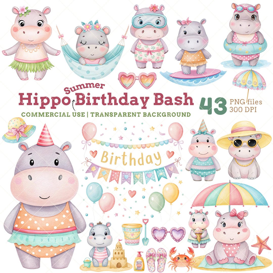 Hippo Summer Birthday Bash Clipart Cute Cartoon Hippo PNG Summer Beach ...
