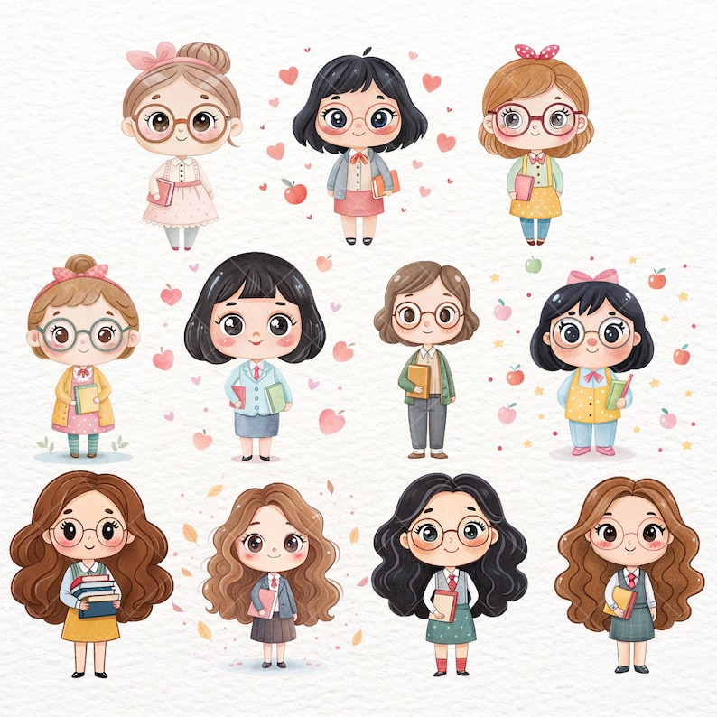 Cute Teacher Girl Clipart Set, Watercolor Female Teachers, Classrooms ...