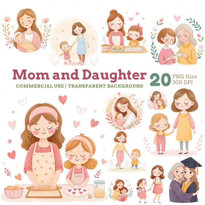 Mother's Day Clipart Bundle: Moms, Kids, Family PNG, Floral Texts ...