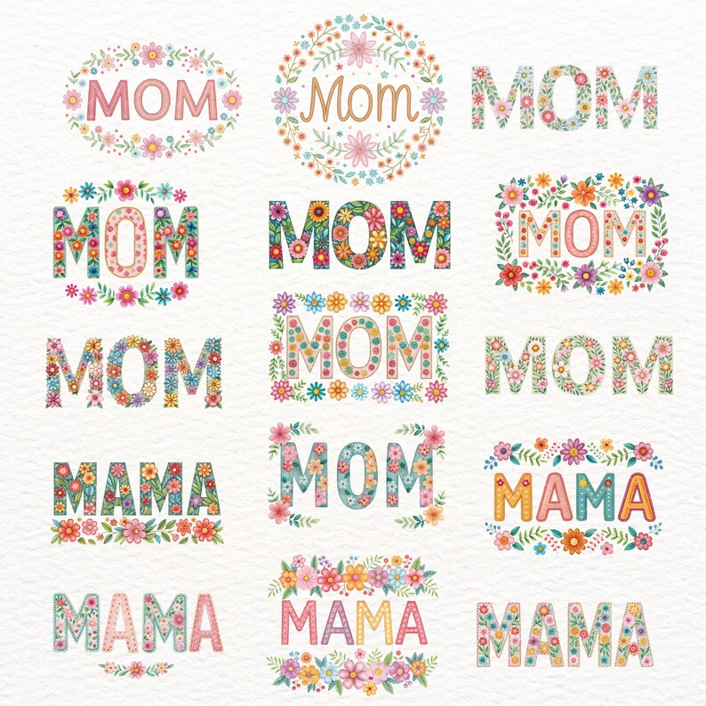 Floral Mom Text Clipart: Mother's Day PNG Letters (digital Download ...