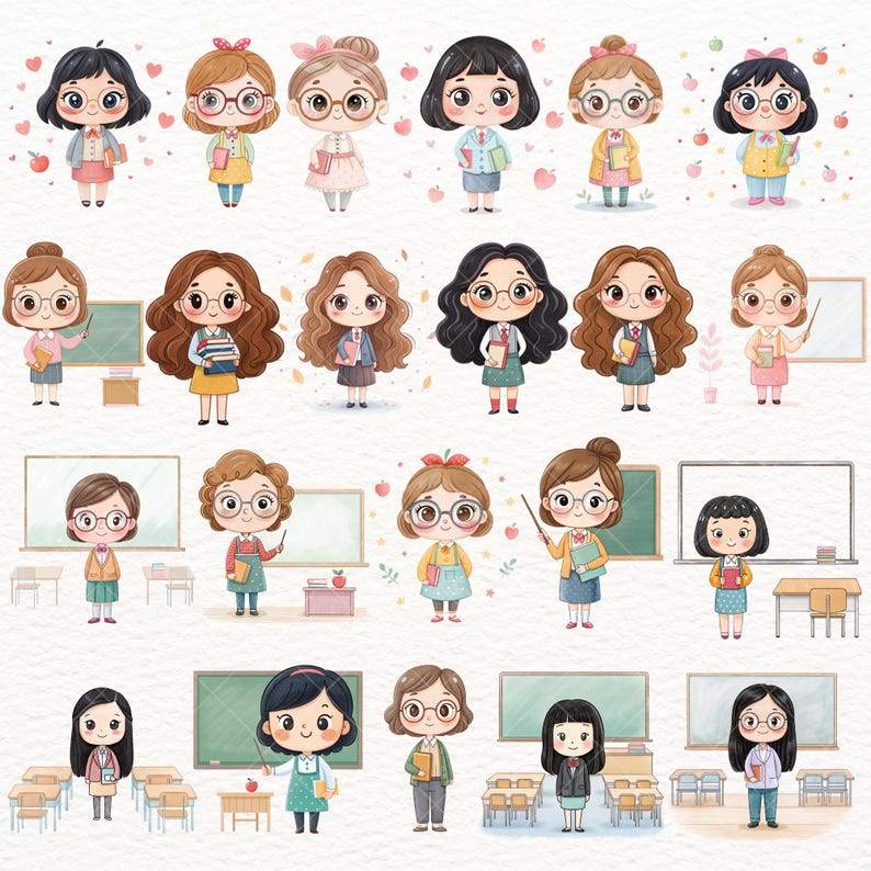 Cute Teacher Girl Clipart Set, Watercolor Female Teachers, Classrooms ...