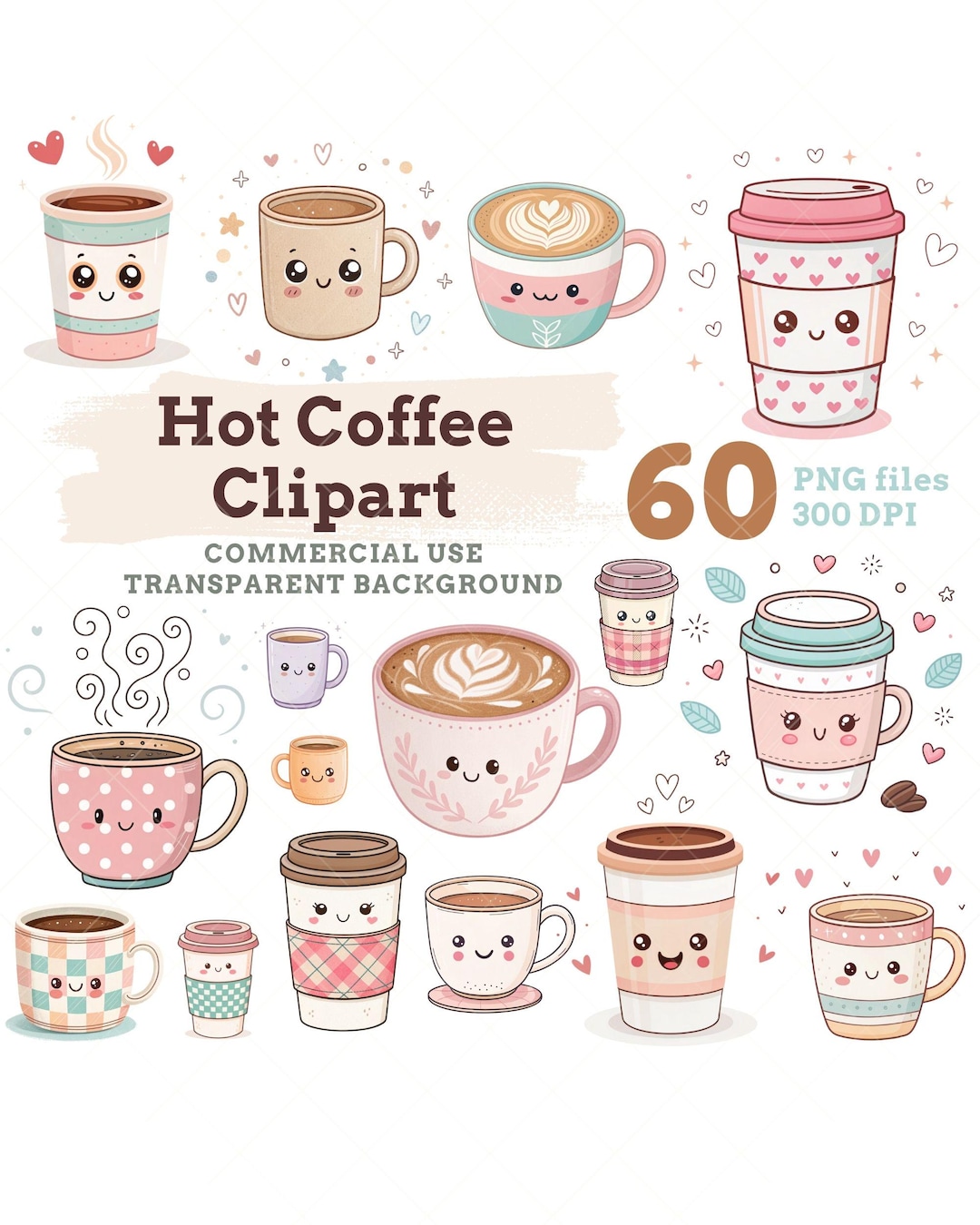 Kawaii Coffee Clipart Bundle: Pastel Pink and Blue Latte Cups PNG ...