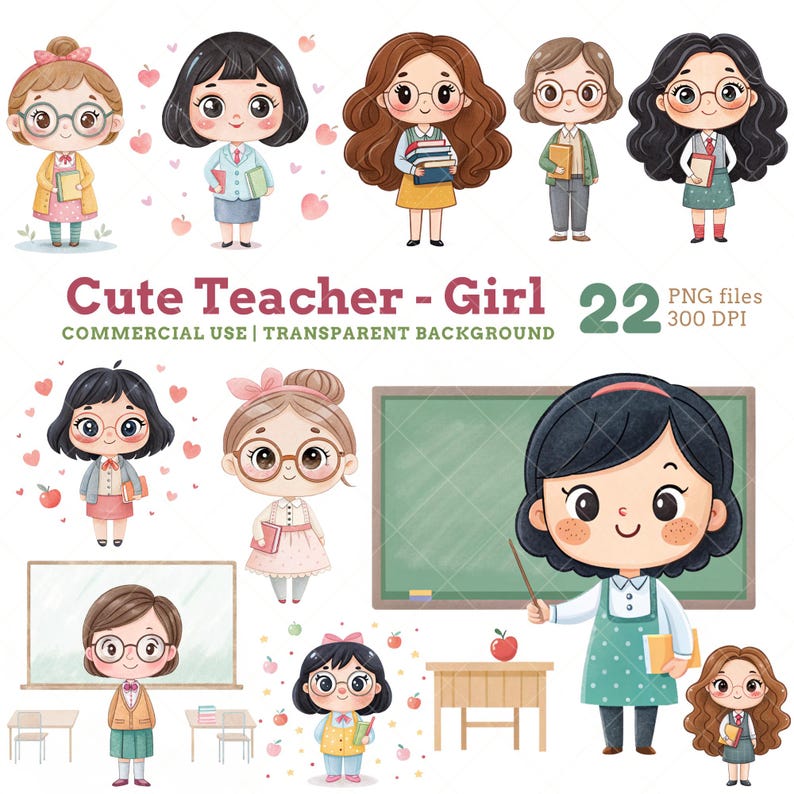 Cute Teacher Girl Clipart Set, Watercolor Female Teachers, Classrooms ...