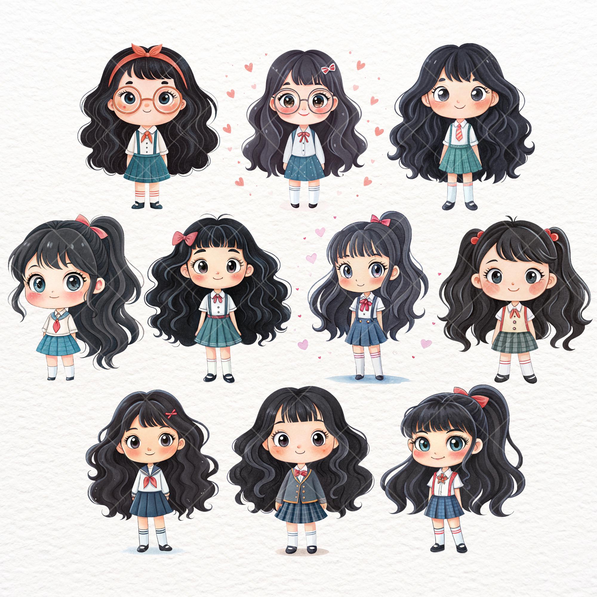 Back to School Girl Clipart, Cute Chibi Girls in Uniform, Kawaii School ...