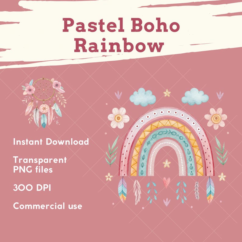 Pastel Boho Rainbow Clipart Set: Nursery Art Graphics, Clouds, Moons ...