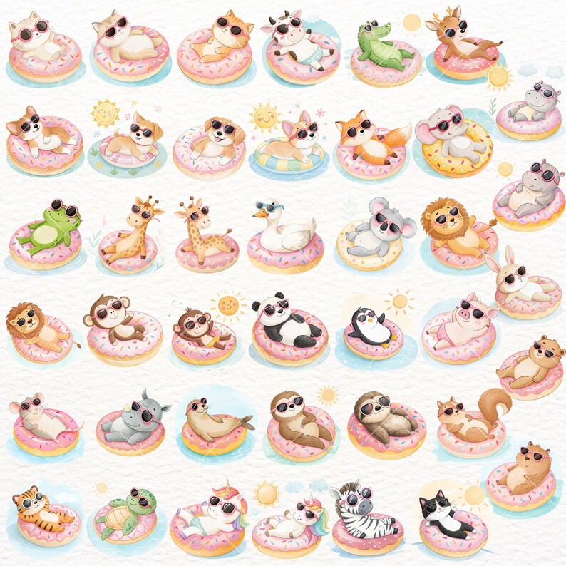 Summer Animals Clipart: Pool Floaties, Beach Vacation Illustrations ...