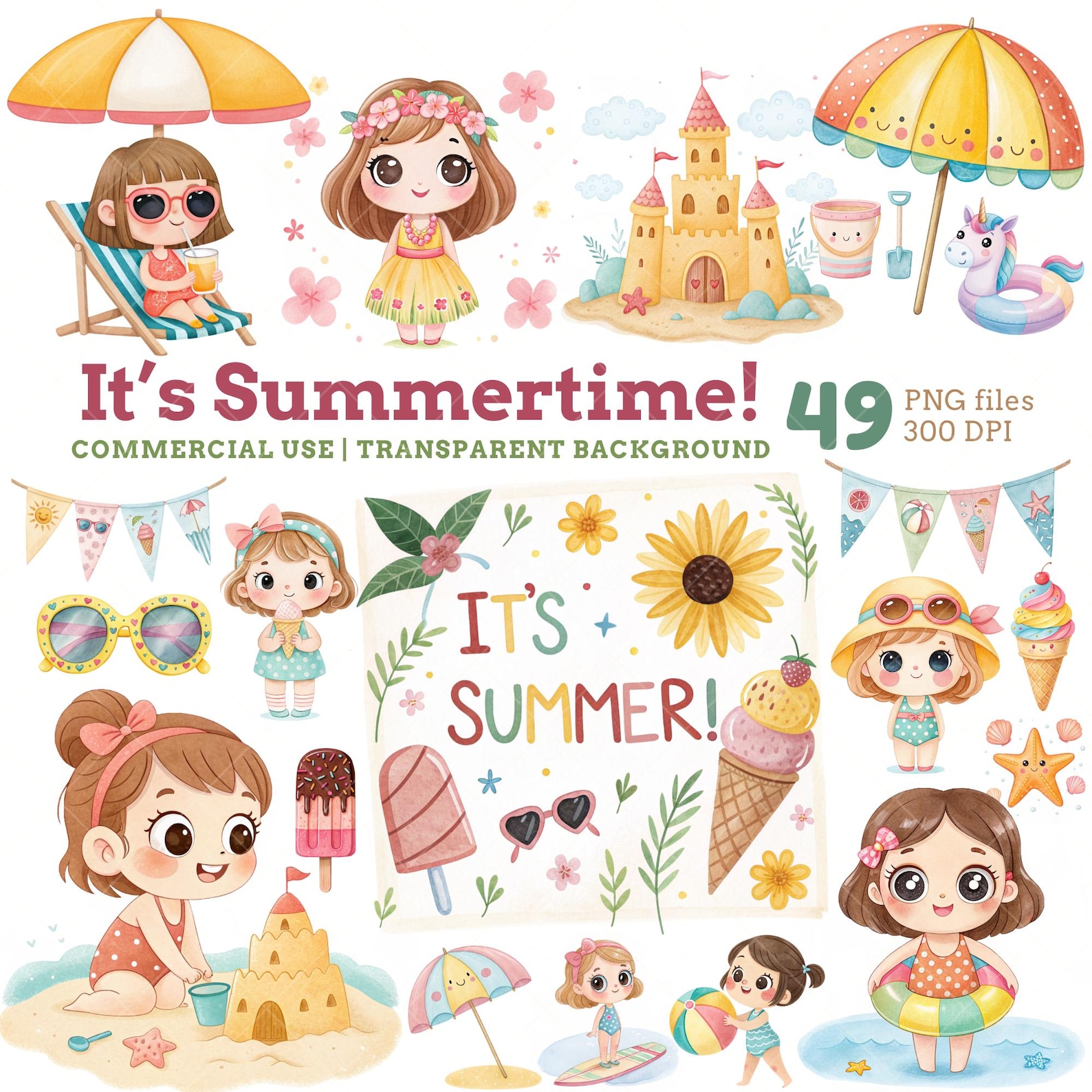 Summer Kids Clipart: Beach Girls, Ice Cream, Sandcastles, Stickers and ...