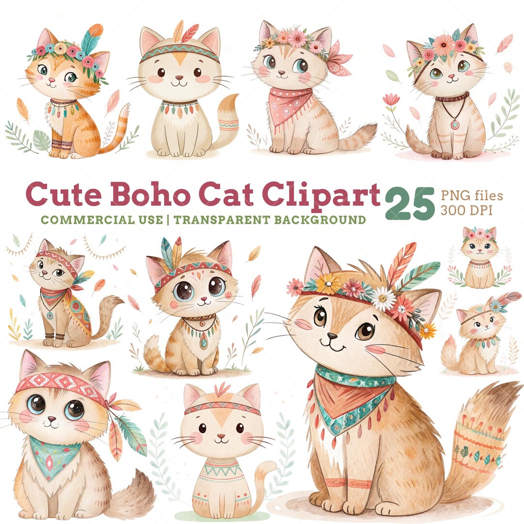 Cute Boho Cat Clipart, Watercolor Boho Cats, Tribal Kitten Art, Digital ...