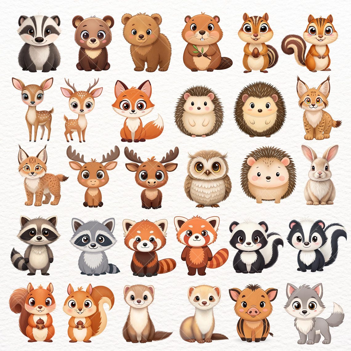 Cute Woodland Animals Clipart Bundle – 30 PNG, 300 DPI, Transparent ...