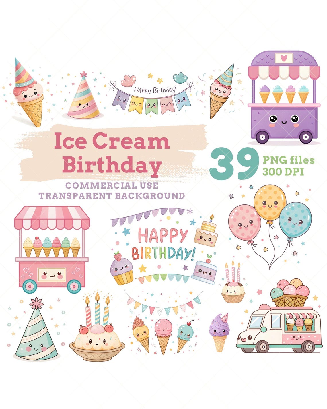 Kawaii Ice Cream Birthday Clipart Bundle, Party Sweets PNG, Ice Cream ...