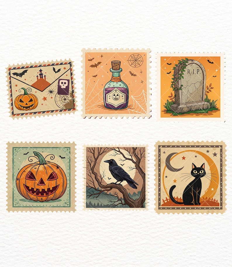 Spooky Halloween Stamp Clipart: Retro Ghosts, Cats, Witches (PNG ...