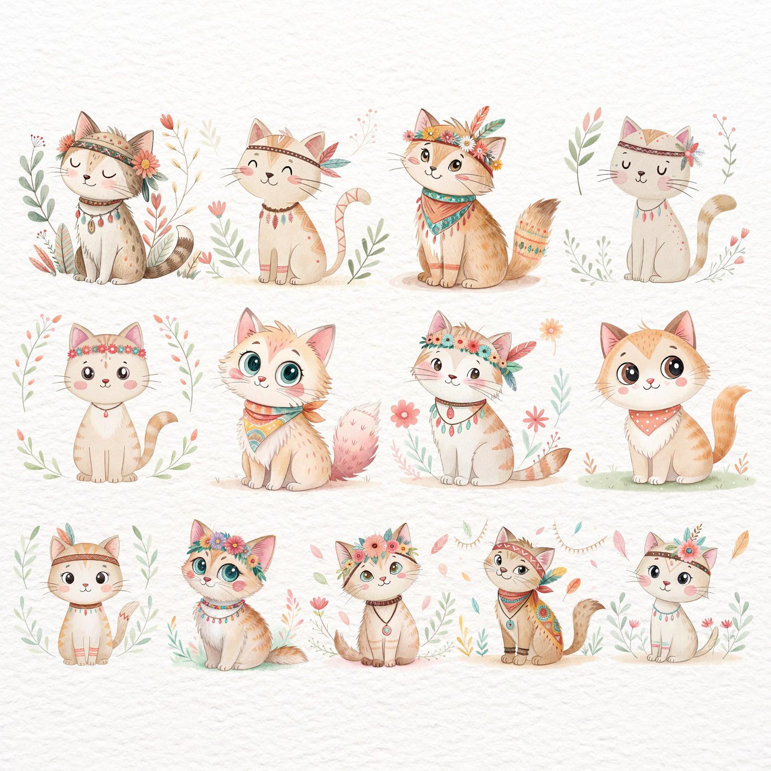 Watercolor Boho Cat Clipart: Tribal Kitten Art (digital Download, 300 ...