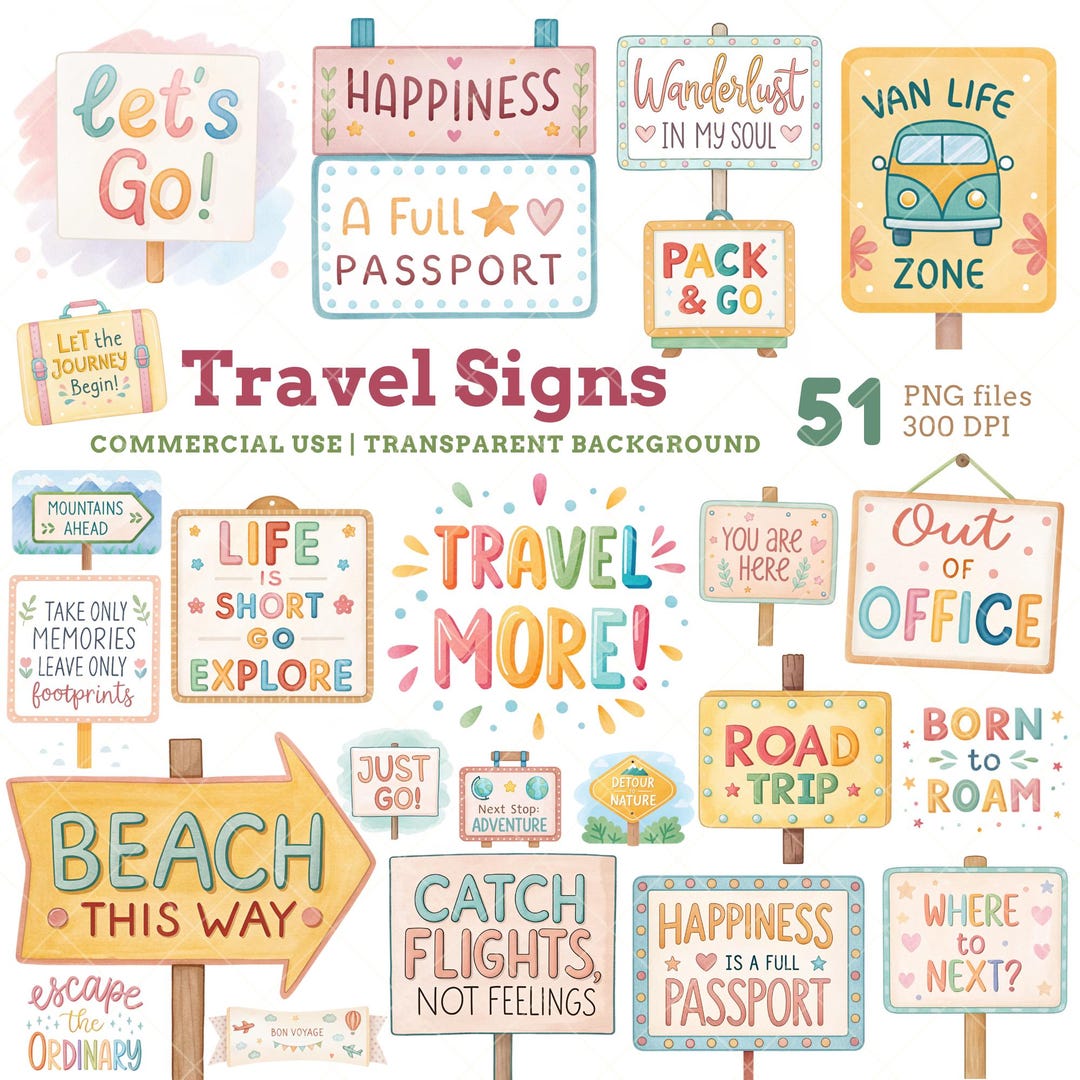 Travel Signs Clipart Bundle, Cute Vacation Quotes PNG, Beach Arrows ...