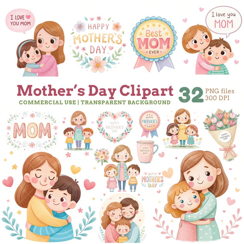 Mother's Day Clipart Bundle: Moms, Kids, Family PNG, Floral Texts ...