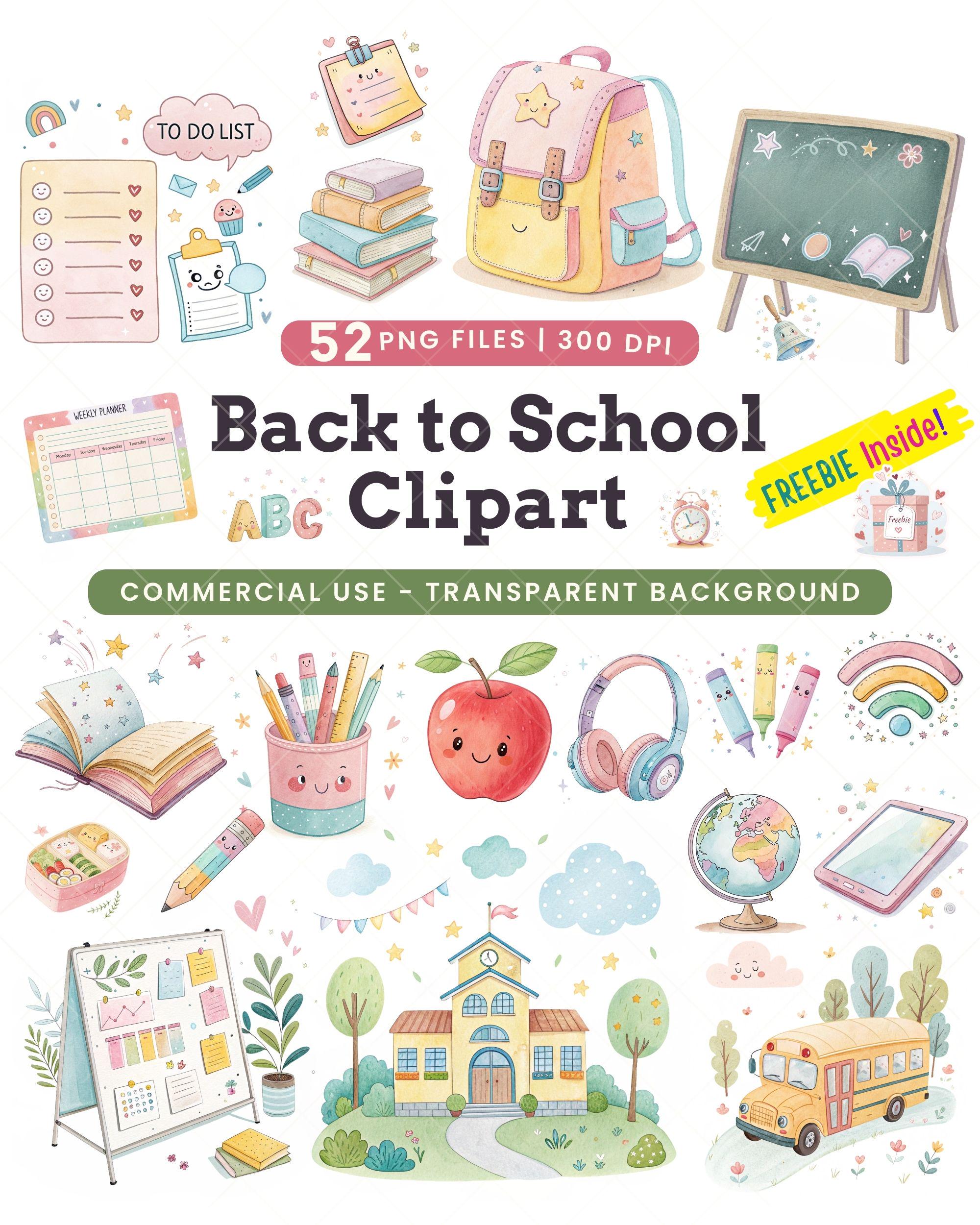 Kawaii Back to School Clipart: Pastel School Supplies, Classroom Decor ...