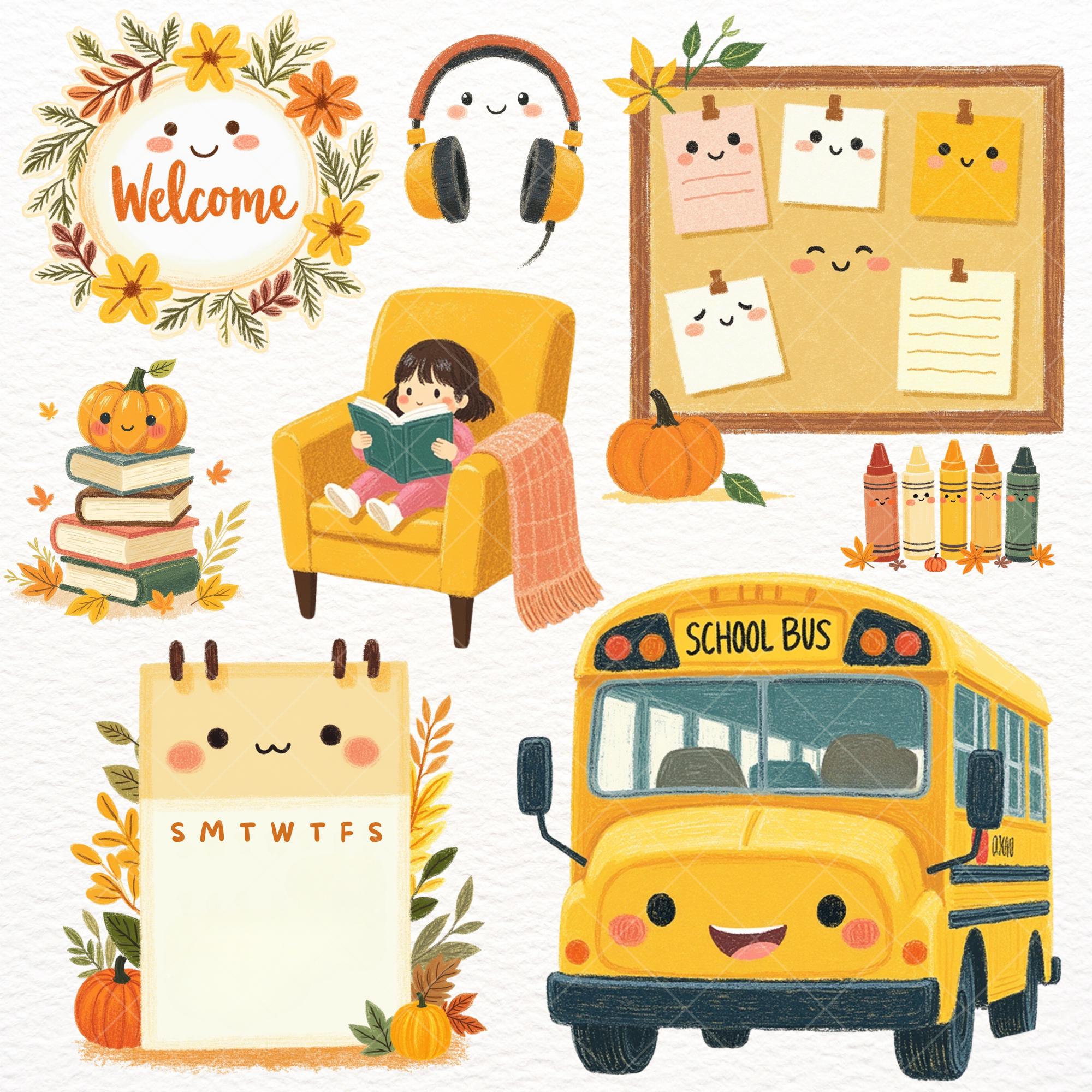 50 Autumn School Clipart Bundle: Cozy Kids, Books, Pumpkins, Fall ...