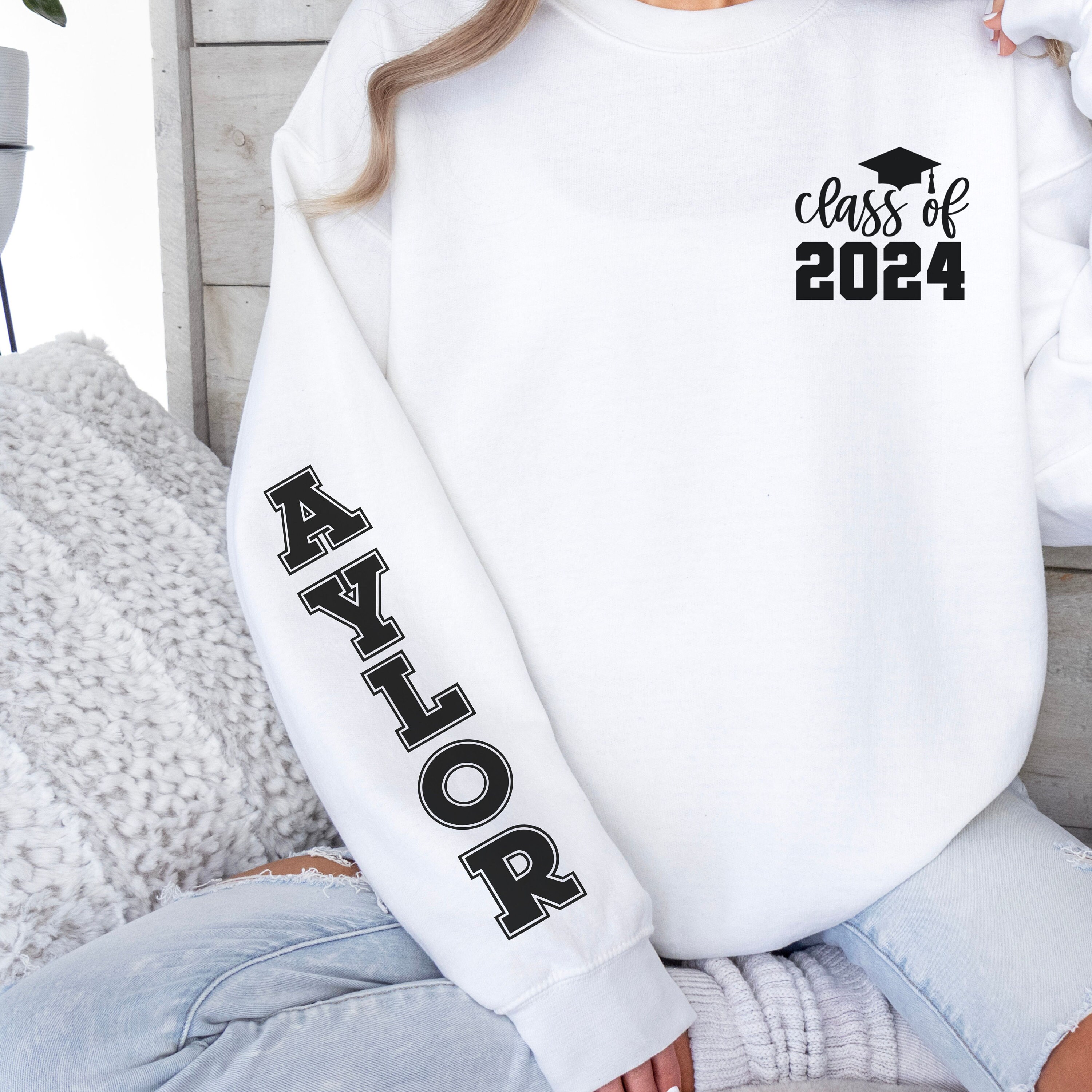 Custom Personalized Senior 2024 Grad Sweatshirt, Name on Sleeve, Pocket ...