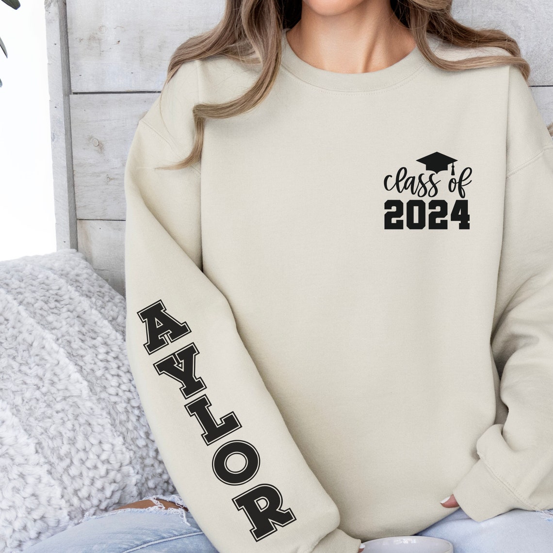 Custom Personalized Senior 2024 Grad Sweatshirt, Name on Sleeve, Pocket ...