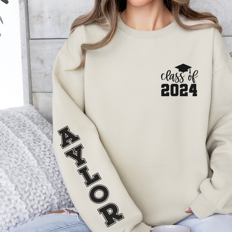 Custom Personalized Senior 2024 Grad Sweatshirt, Name on Sleeve, Pocket ...