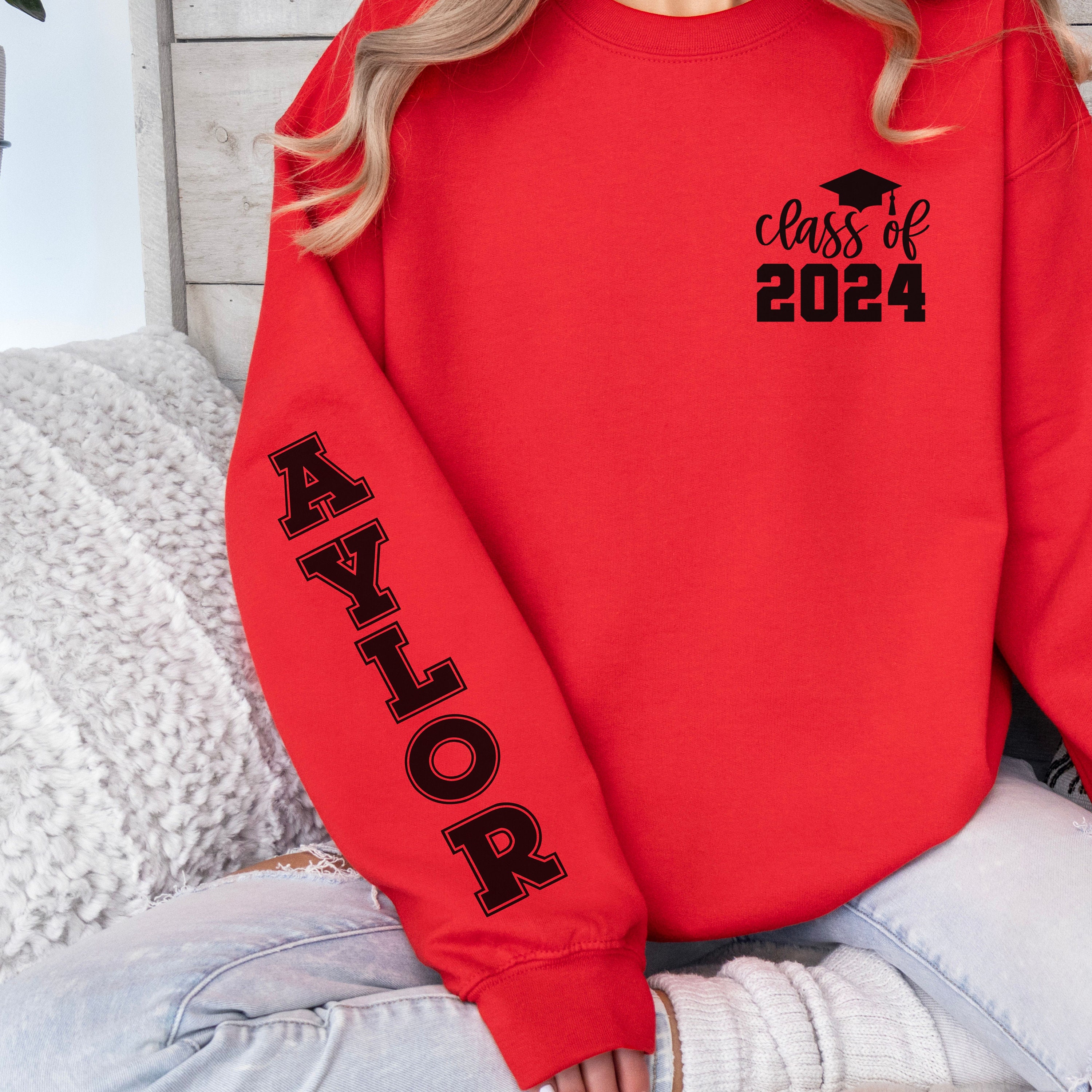 Custom Personalized Senior 2024 Grad Sweatshirt, Name on Sleeve, Pocket ...