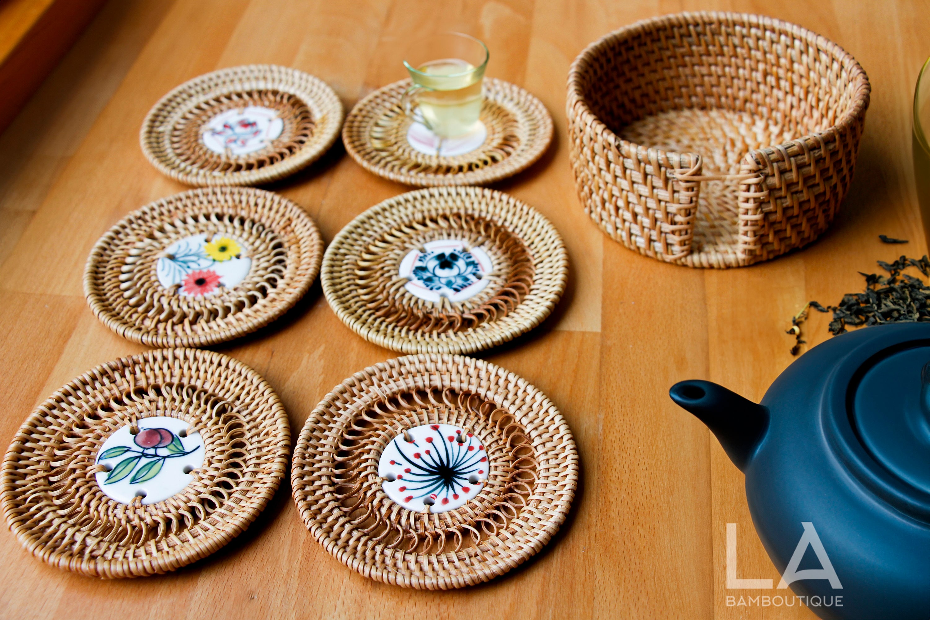 Set of 6 Handwoven Rattan Coasters With Stand, Round Natural Rattan Cup ...