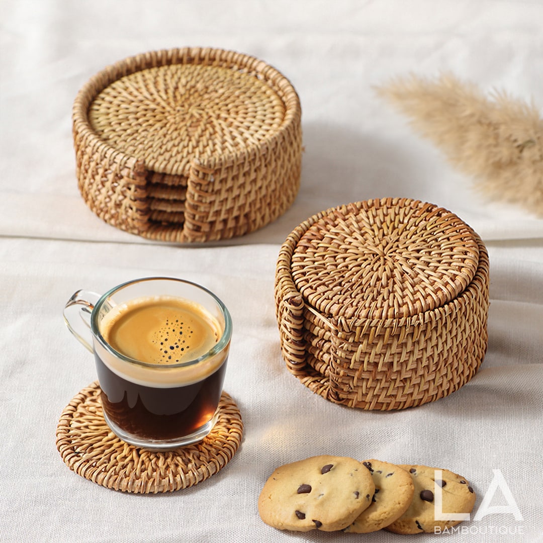 Set of 6 Handwoven Rattan Coasters with Stand, Round Natural Rattan Cup ...