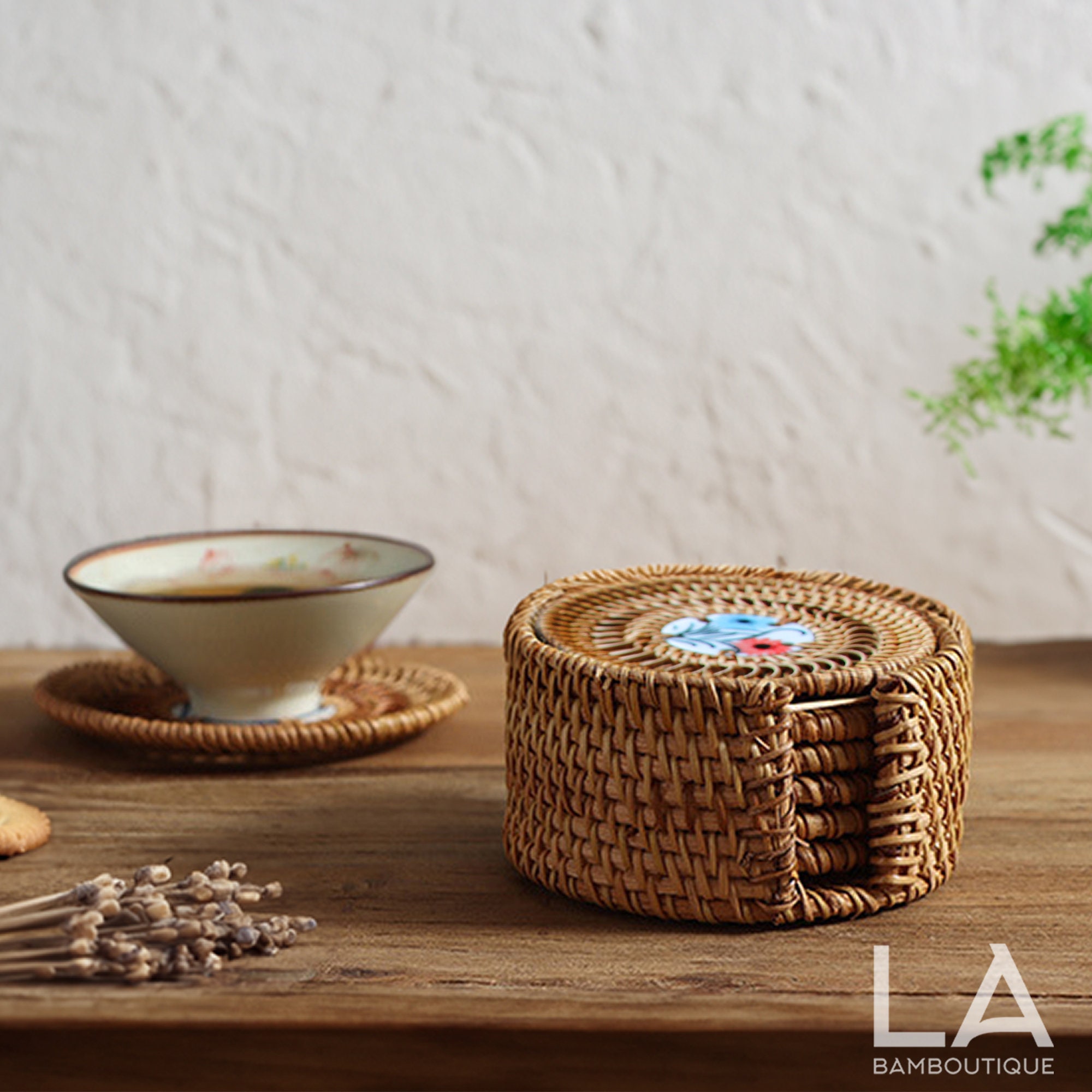 Set of 6 Handwoven Rattan Coasters With Stand, Round Natural Rattan Cup ...
