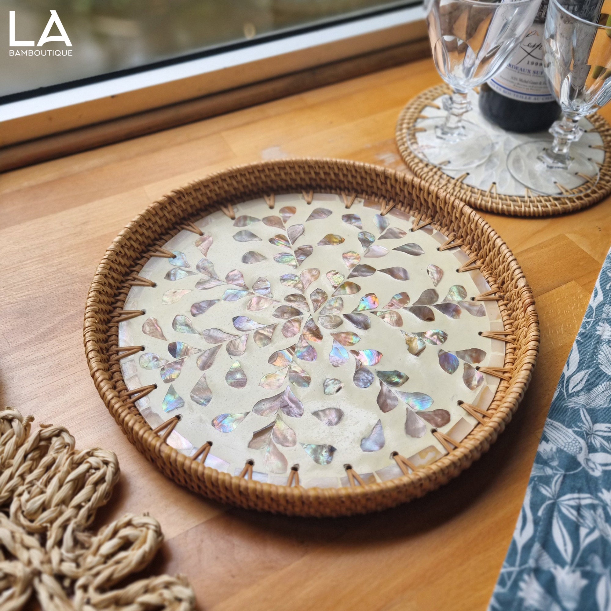 Hand-woven Rattan and Seashell Tray | Wicker Tray | Round Serving Tray ...