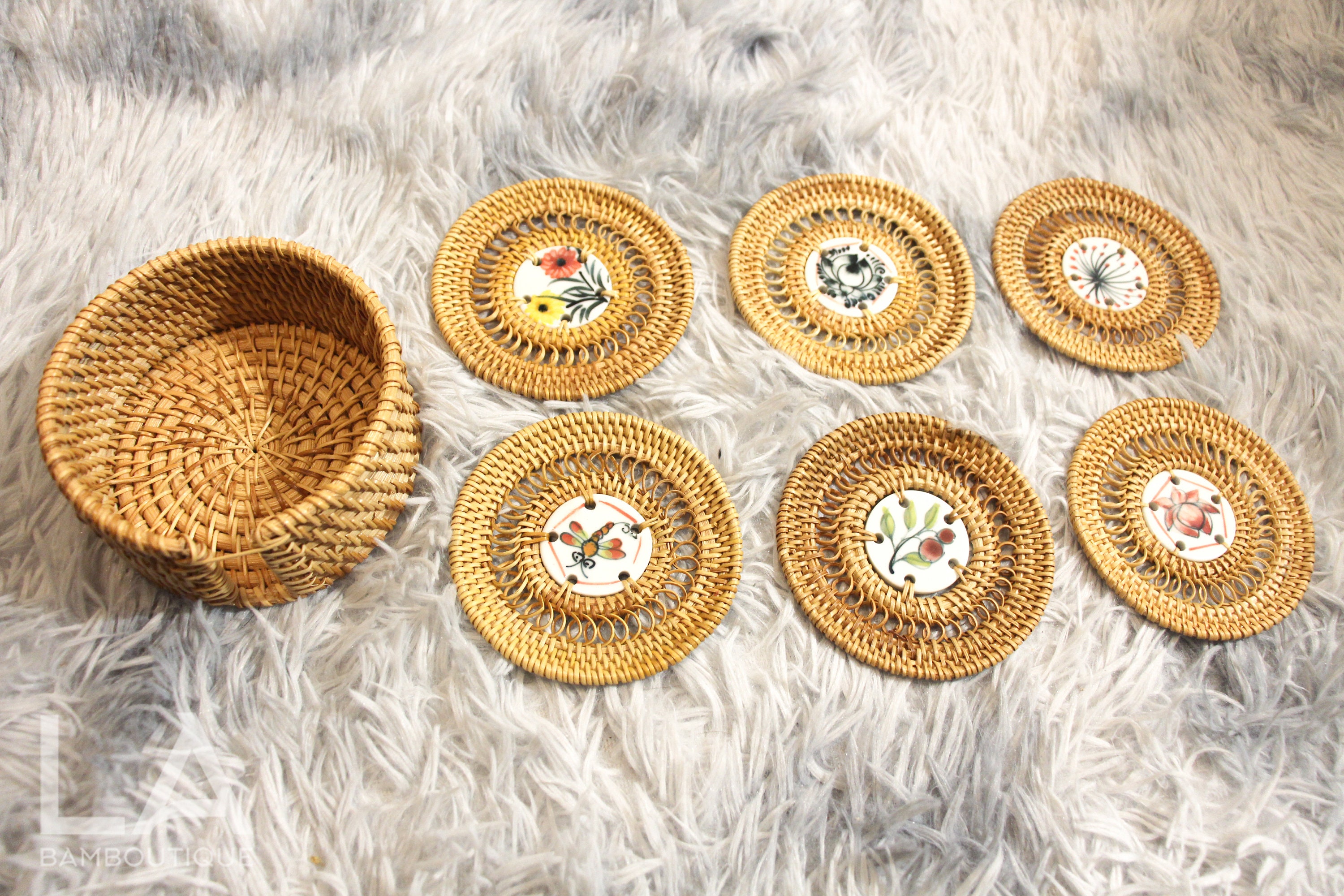 Set of 6 Handwoven Rattan Coasters With Stand, Round Natural Rattan Cup ...