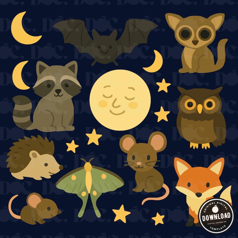Cute Nocturnal Animals SVG Clip Art Bundle | Owl, Bat, Fox, Raccoon ...