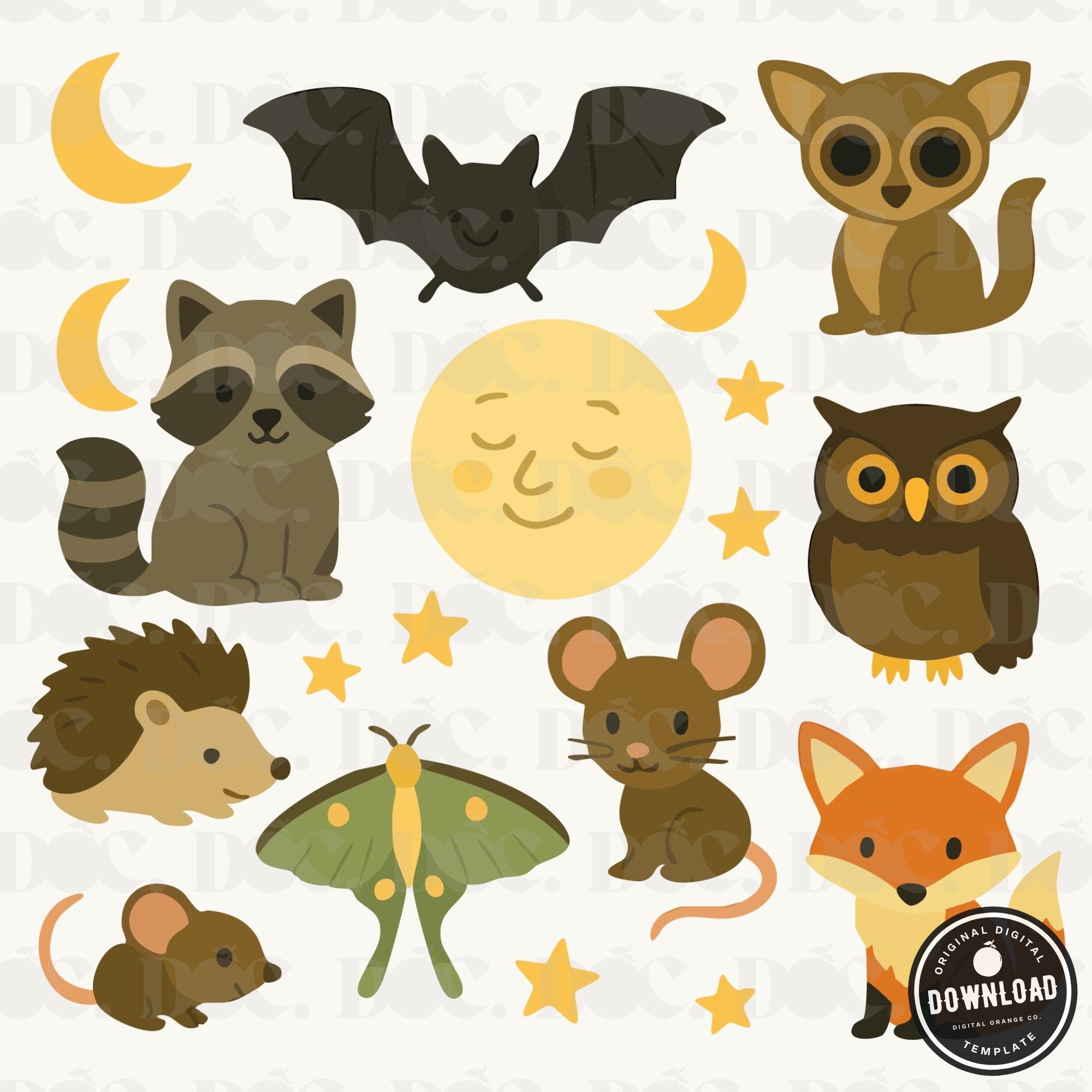 Cute Nocturnal Animals SVG Clip Art Bundle | Owl, Bat, Fox, Raccoon ...