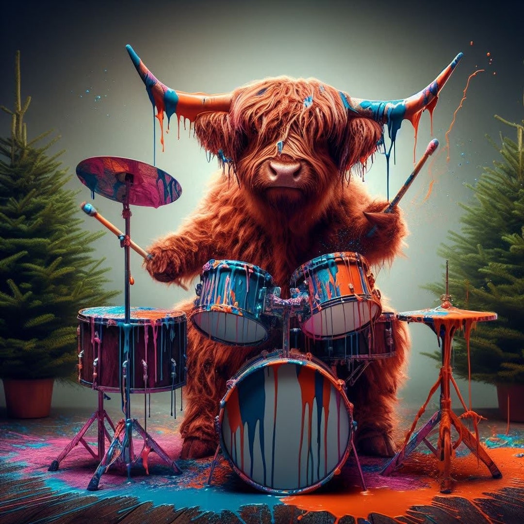 Highland Cow Playing Drums Paint Splash Effect, Digital Wall Art ...