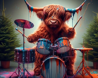 Highland Cow With Headphones Paint Drip Effect, Digital Wall Art ...