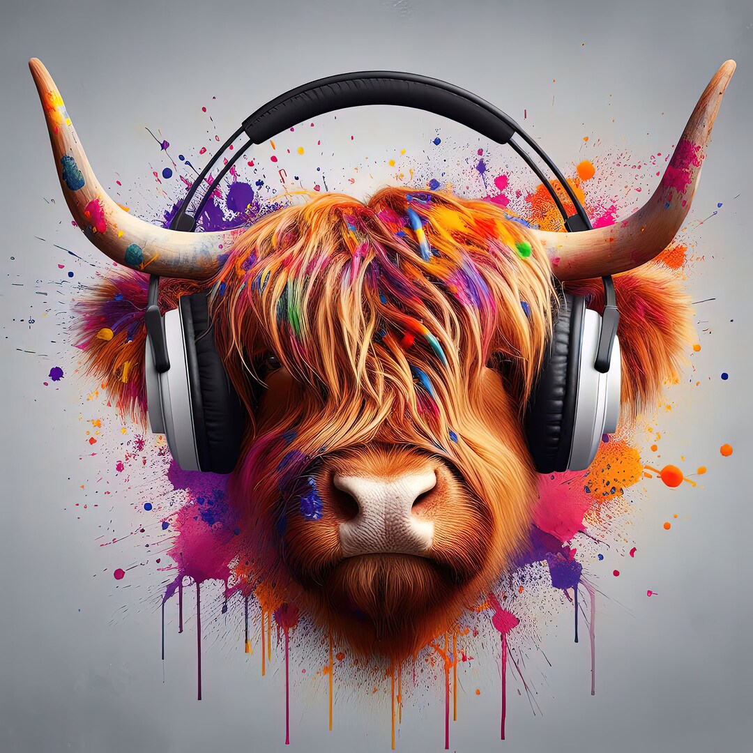 Highland Cow With Headphones Paint Drip Effect, Digital Wall Art ...